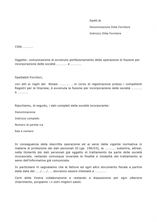 Lettera per fornitori società incorporata, società incorporante lettera ...